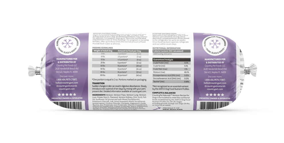New Zealand Grass-Fed Venison Frozen Dog Food - 1.5lb (8 rolls/case ...